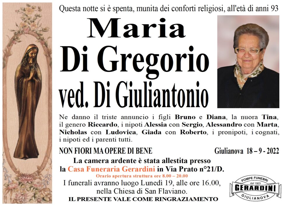 MARIA DI GREGORIO ved. DI GIULIANTONIO | Pompe Funebri Gerardini