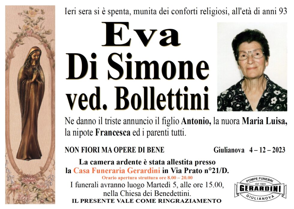 EVA DI SIMONE VED. BOLLETTINI | Pompe Funebri Gerardini